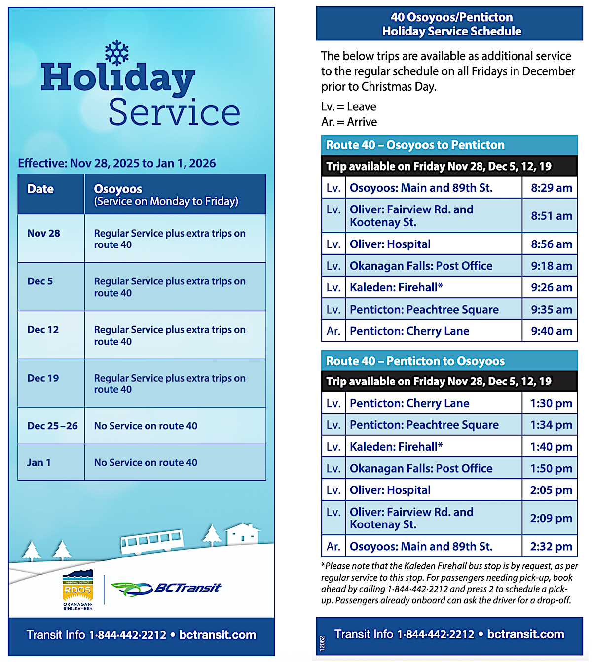 Extra holiday bus service between Osoyoos/Oliver and Penticton ...